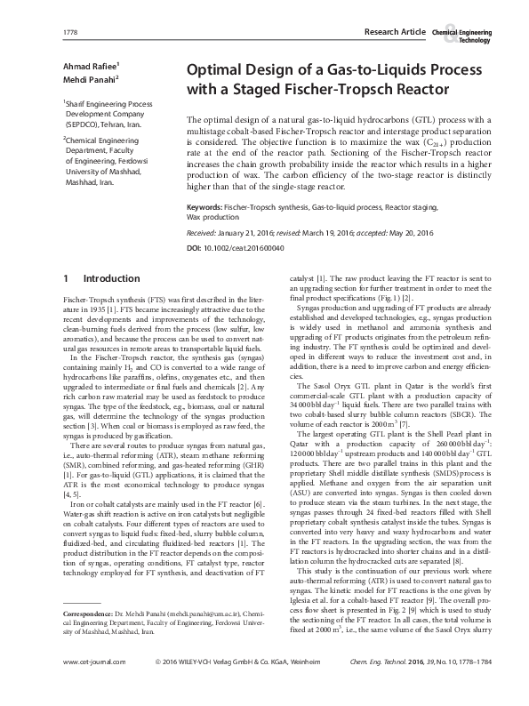 (PDF) Optimal Design of a Gas‐to‐Liquids Process with a Staged Fischer ...