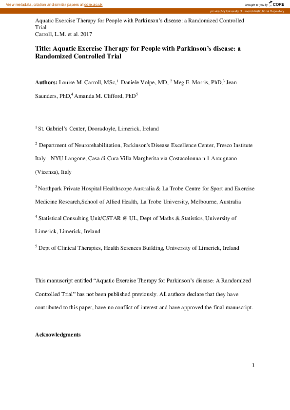 (PDF) Aquatic Exercise Therapy for People With Parkinson Disease: A Randomized Controlled Trial
