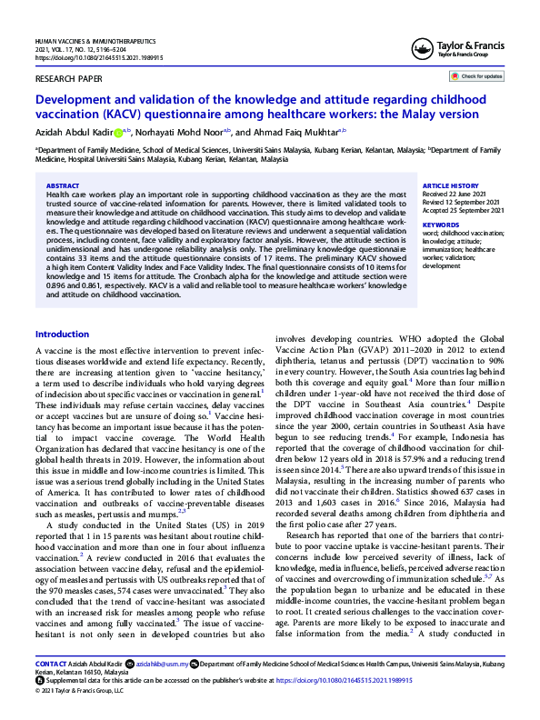 (PDF) Development and validation of the knowledge and attitude regarding childhood vaccination ...