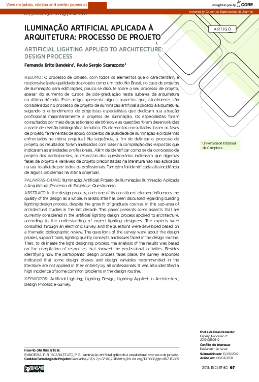 (PDF) Artificial lighting applied to architecture: design process