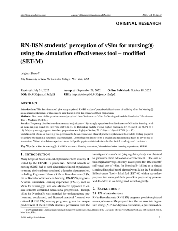 (PDF) RN-BSN students’ perception of vSim for nursing® using the ...