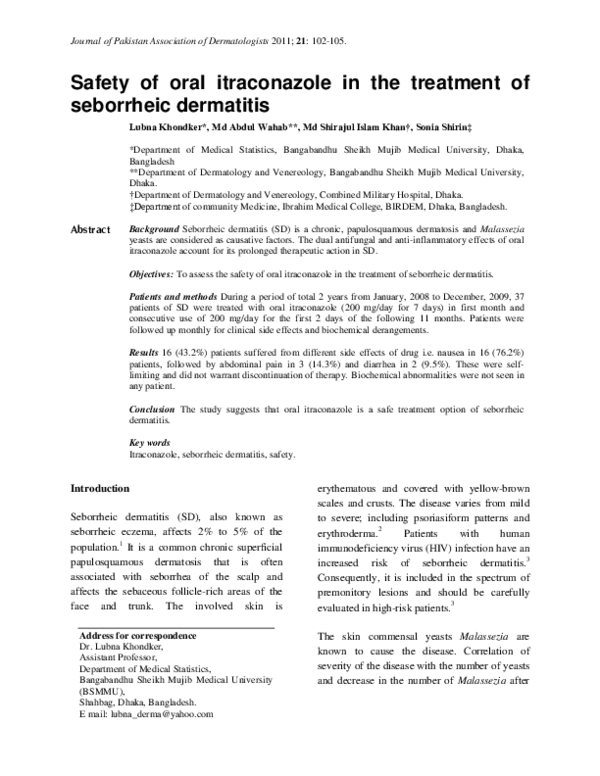 (PDF) Safety of oral itraconazole in the treatment of seborrheic dermatitis