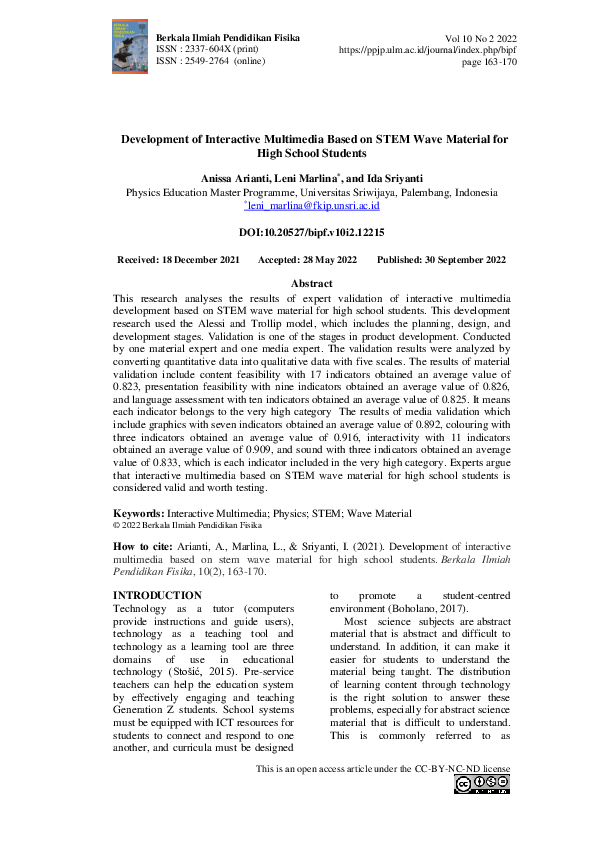 (PDF) Development of Interactive Multimedia Based on STEM Wave Material for High School Students