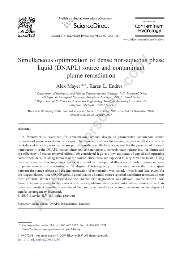 (PDF) Simultaneous optimization of dense non-aqueous phase liquid (DNAPL) source and contaminant ...