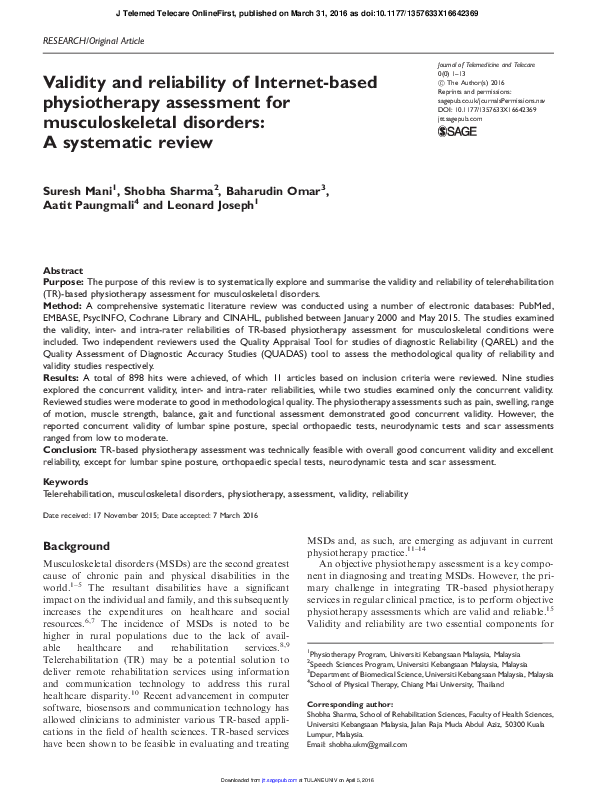 (PDF) Validity and reliability of Internet-based physiotherapy assessment for musculoskeletal ...