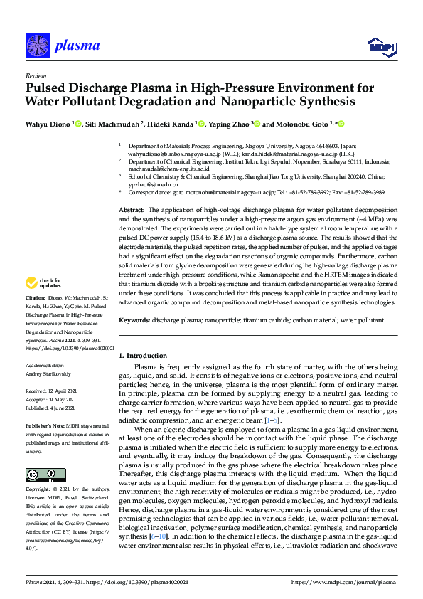 (PDF) Pulsed Discharge Plasma in High-Pressure Environment for Water Pollutant Degradation and ...