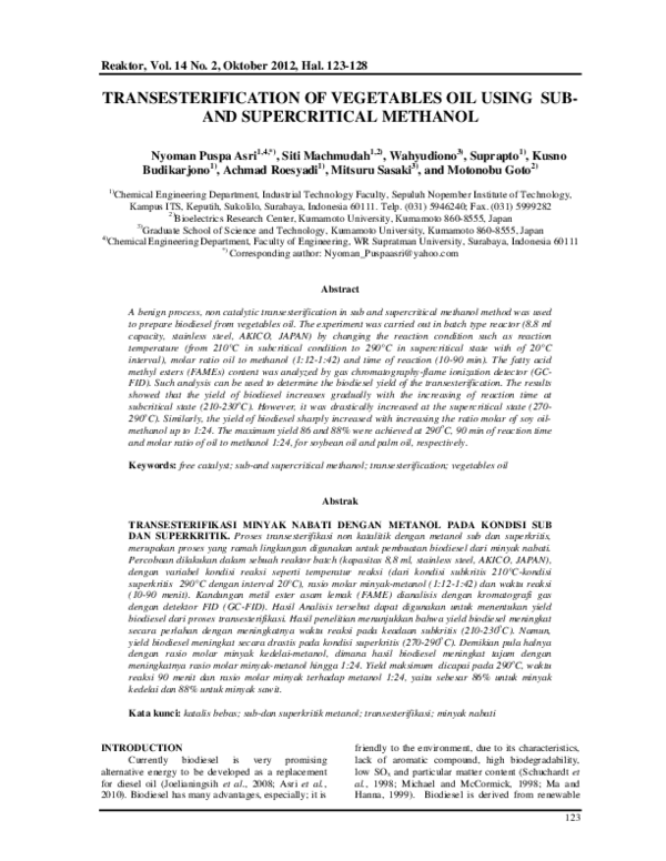 (PDF) Transesterification of Vegetables Oil Using Suband Supercritical ...