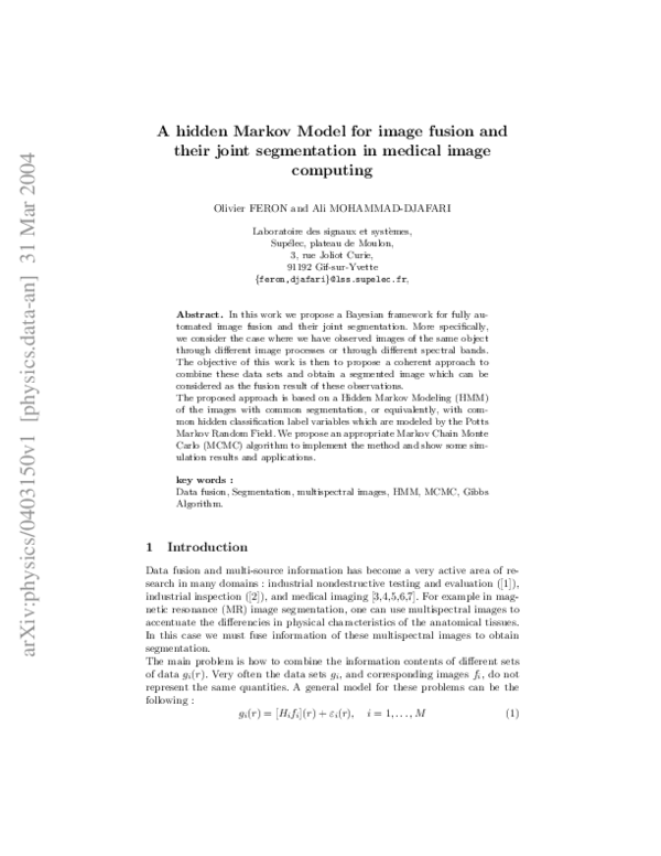 (PDF) A hidden Markov Model for image fusion and their joint segmentation in medical image computing