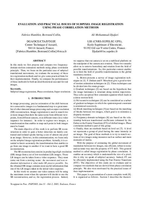Pdf Evaluation And Practical Issues Of Subpixel Image Registration Using Phase Correlation Methods 