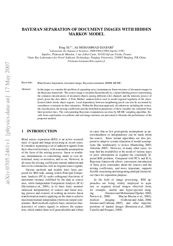 Pdf Bayesian Separation Of Document Images With Hidden Markov Model