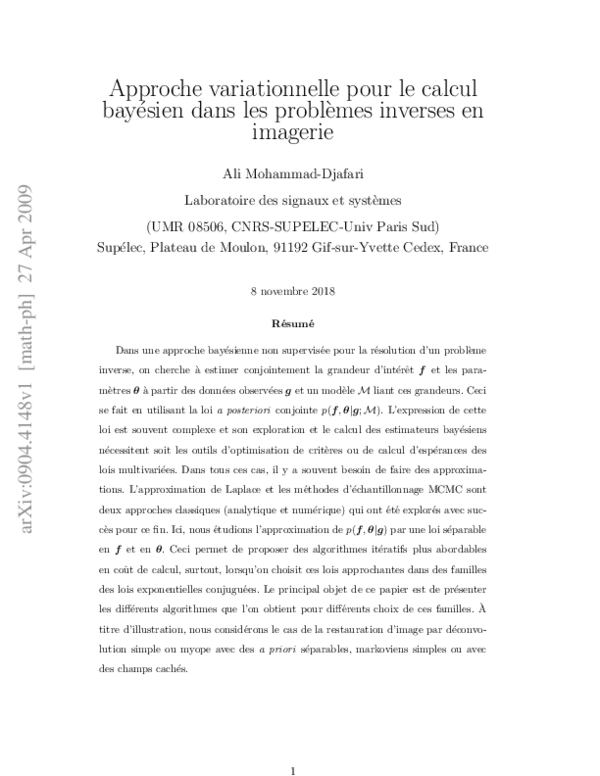 (PDF) Approche variationnelle pour le calcul bayésien dans les problèmes inverses en imagerie