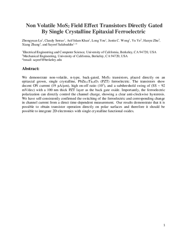 (PDF) Nonvolatile MoS2 field effect transistors directly gated by single crystalline epitaxial ...