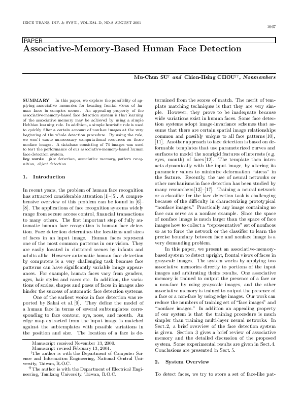 Pdf Associative Memory Based Human Face Detection