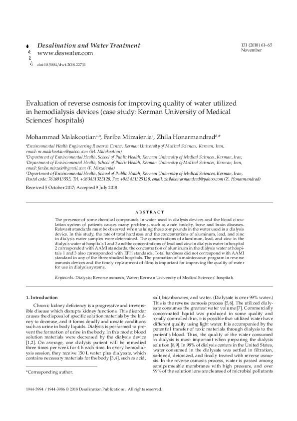 (PDF) Evaluation of reverse osmosis for improving quality of water utilized in hemodialysis ...