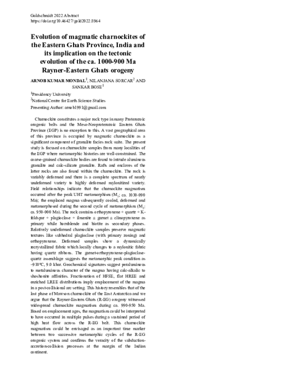 (PDF) Evolution of magmatic charnockites of the Eastern Ghats Province ...