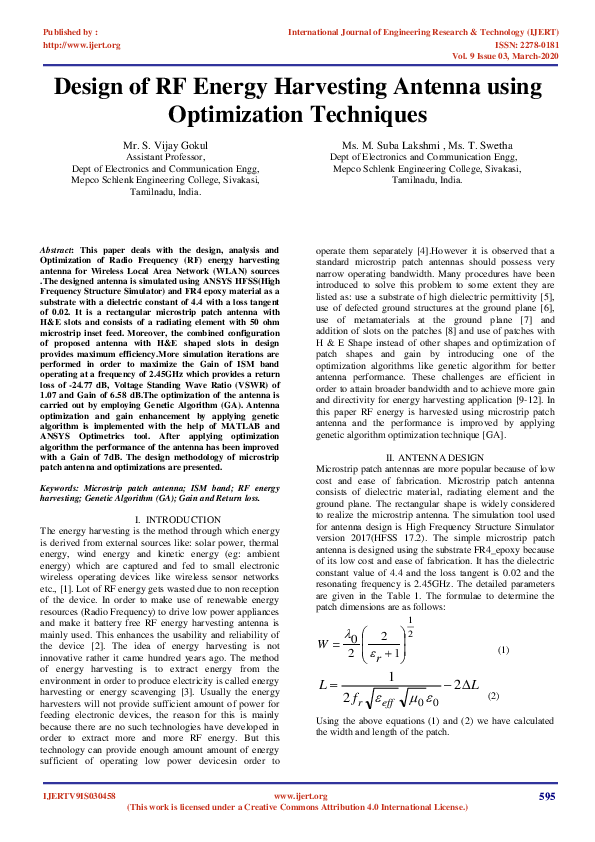 (PDF) Design of RF Energy Harvesting Antenna using Optimization Techniques (PDF) Design of RF Energy Harvesting Antenna using Optimization Techniques