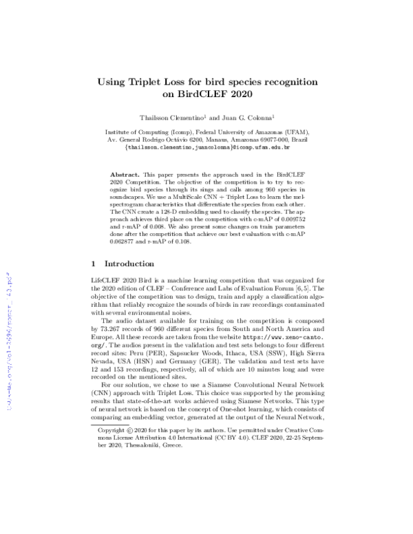 Pdf Using Triplet Loss For Bird Species Recognition On Birdclef 2020 Juan Colonna