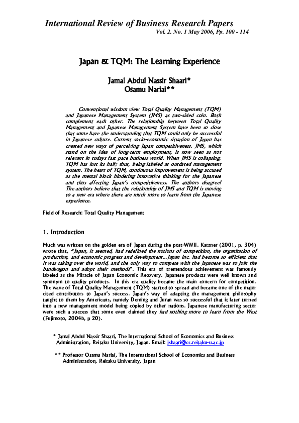(PDF) Japan & TQM: The Learning Experience