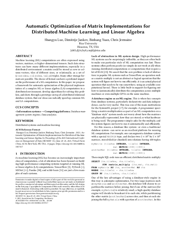 Pdf Automatic Optimization Of Matrix Implementations For Distributed Machine Learning And