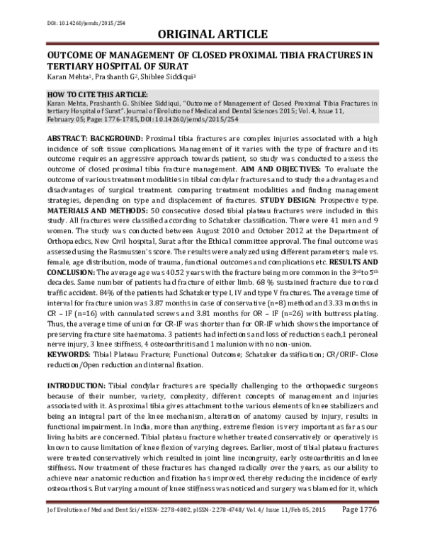 Pdf Outcome Of Management Of Closed Proximal Tibia Fractures In Tertiary Hospital Of Surat