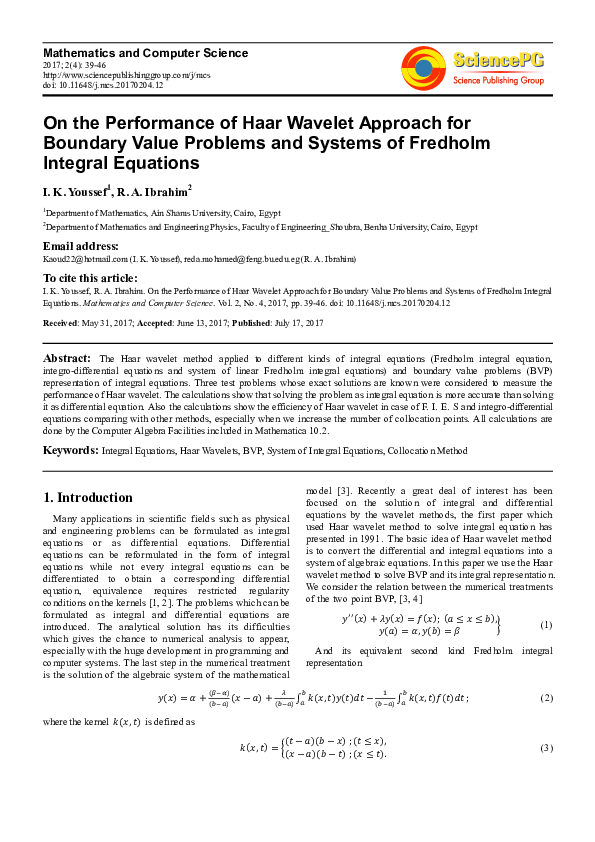 (PDF) On the Performance of Haar Wavelet Approach for Boundary Value ...