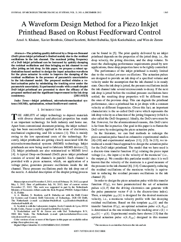 (PDF) A Waveform Design Method for a Piezo Inkjet Printhead Based on Robust Feedforward Control