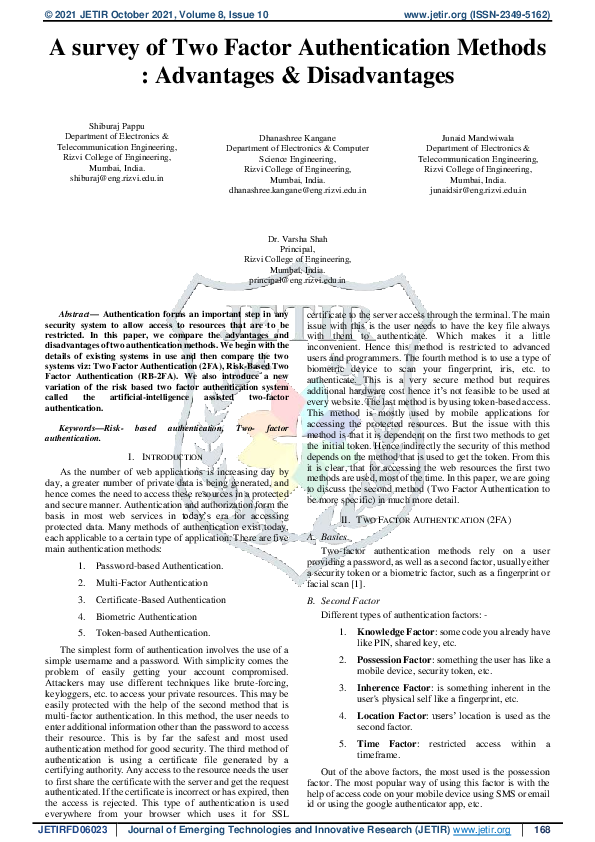(PDF) A survey of Two Factor Authentication Methods : Advantages & Disadvantages