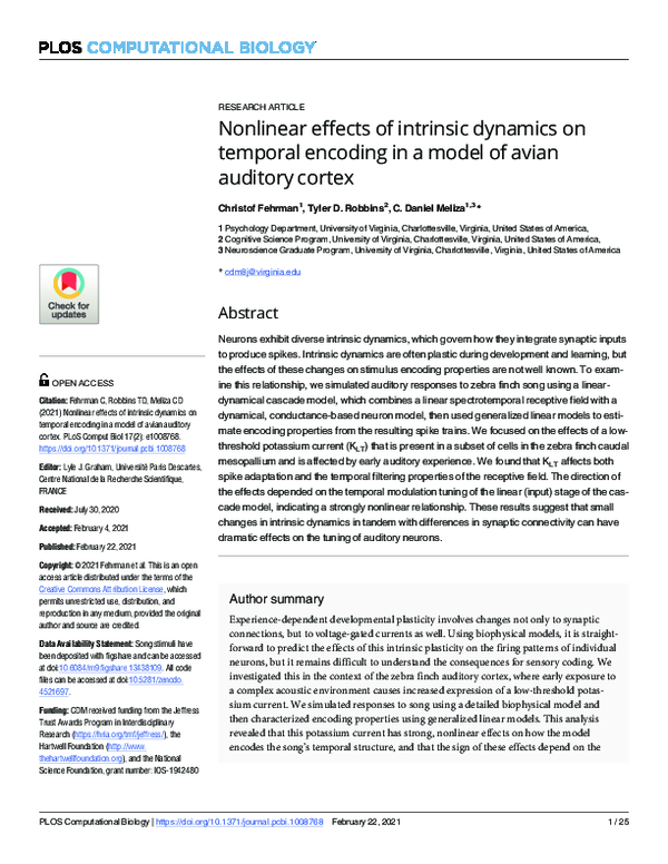 Pdf Nonlinear Effects Of Intrinsic Dynamics On Temporal Encoding In A Model Of Avian Auditory