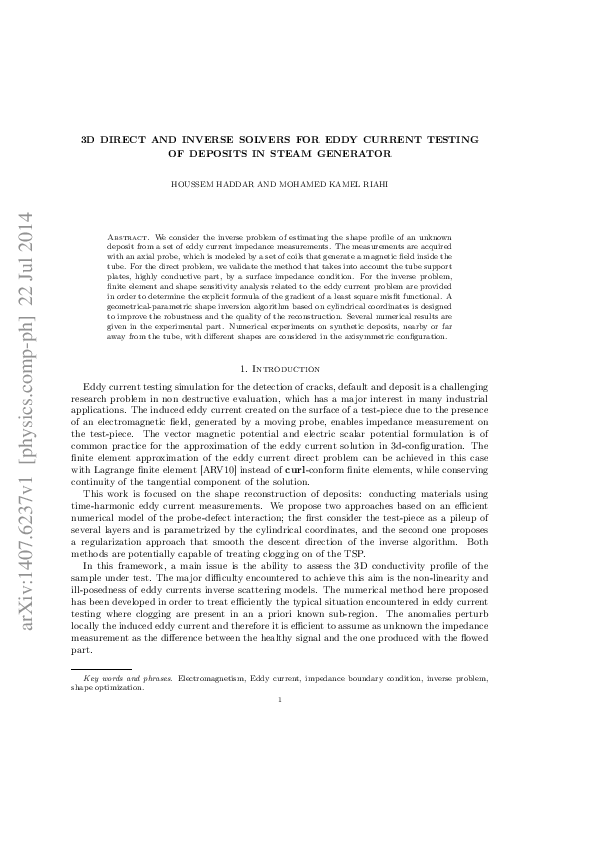 Pdf 3d Direct And Inverse Solvers For Eddy Current Testing Of Deposits In Steam Generator
