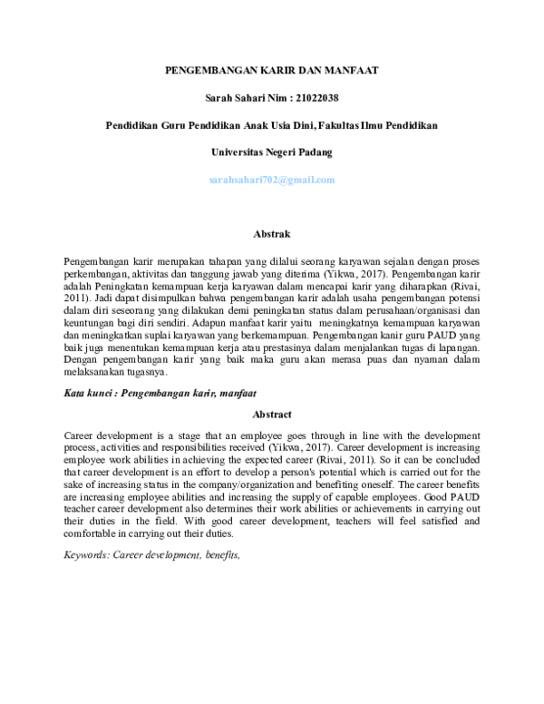 (PDF) PENGEMBANGAN KARIR DAN MANFAAT Sarah Sahari Nim : 21022038 ...