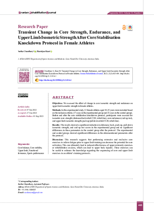 (PDF) Transient Change in Core Strength, Endurance, and Upper Limb Isometric Strength After Core ...