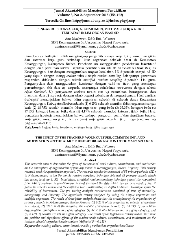 (PDF) Pengaruh Budaya Kerja, Komitmen, Motivasi Kerja Guru Terhadap Iklim Organisasi SD