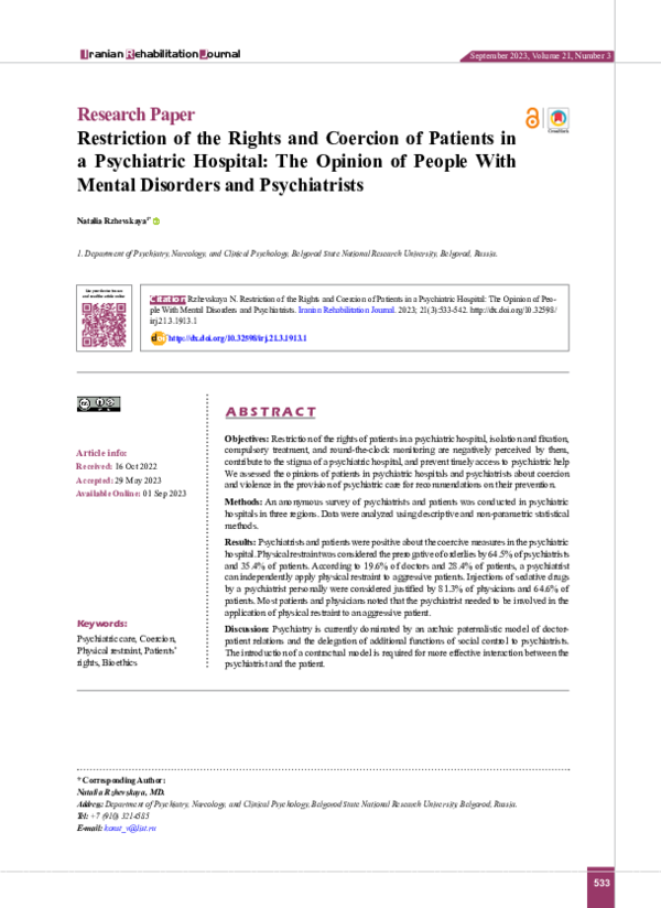 (PDF) Restriction of the Rights and Coercion of Patients in a Psychiatric Hospital: The Opinion ...