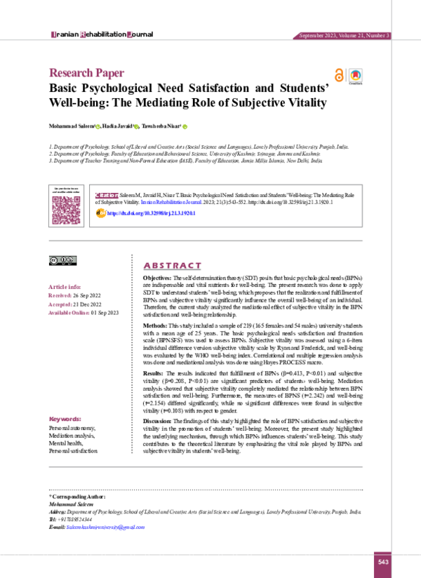 (PDF) Basic Psychological Need Satisfaction and Students' Well-being: The Mediating Role of ...