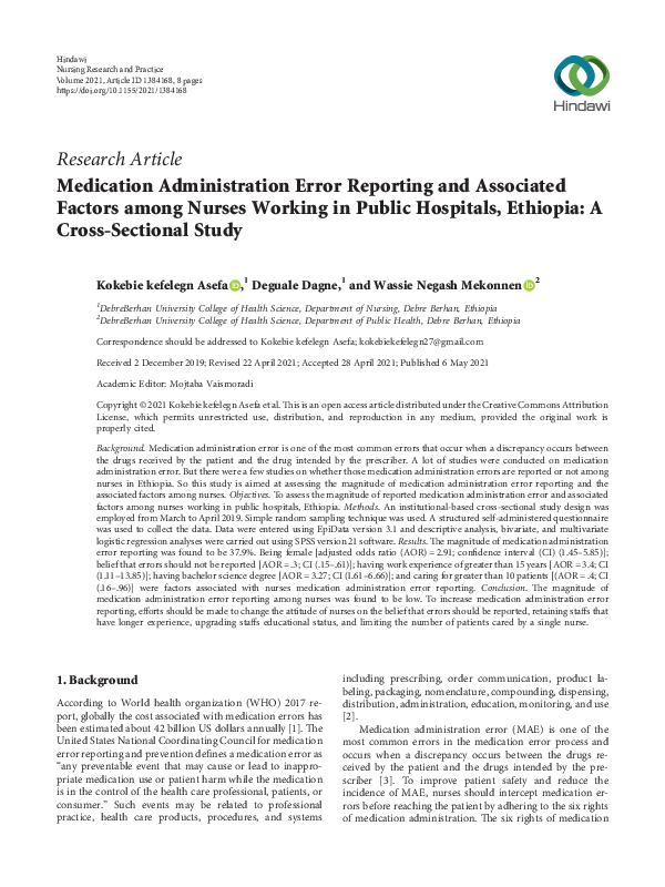 (PDF) Medication Administration Error Reporting and Associated Factors among Nurses Working in ...