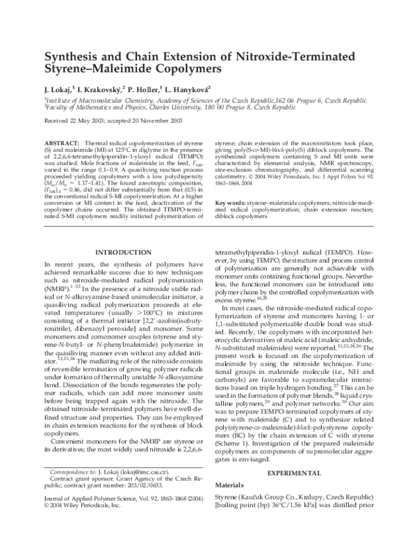 (PDF) Synthesis and chain extension of nitroxide‐terminated styrene–maleimide copolymers