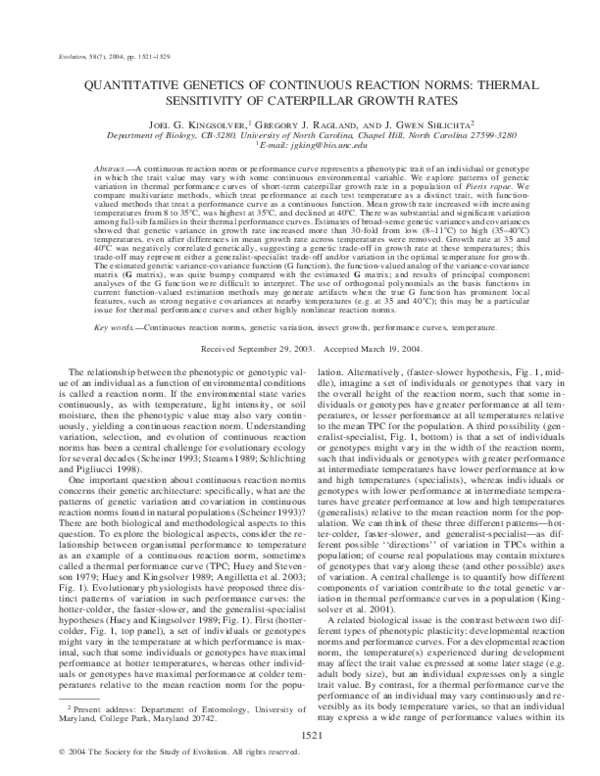 (PDF) Quantitative Genetics of Continuous Reaction Norms: Thermal Sensitivity of Caterpillar ...