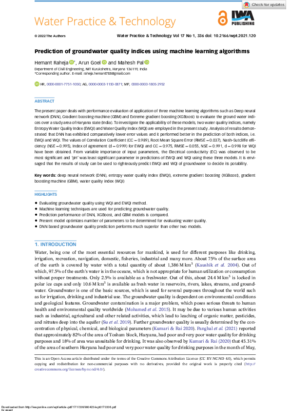 Pdf Prediction Of Groundwater Quality Indices Using Machine Learning Algorithms