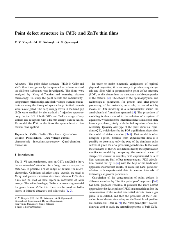 (PDF) Point defect structure in CdTe and ZnTe thin films