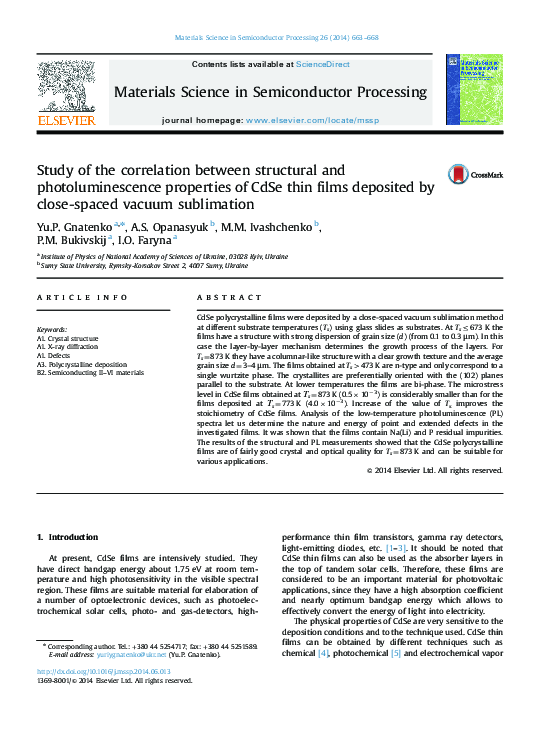 (PDF) Correlation of Structural and Photoluminescence Properties in CdSe Films