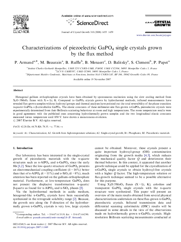 (PDF) Characterizations of piezoelectric GaPO4 single crystals grown by ...