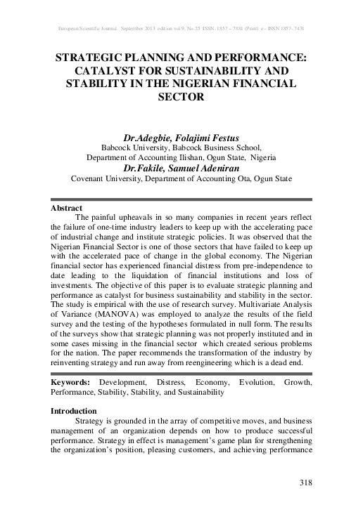 (PDF) Strategic Planning and Performance: Catalyst for Sustainability ...