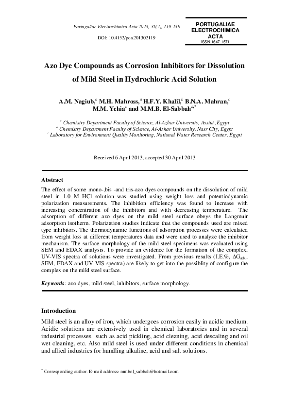 (PDF) Azo Dye Compounds as Corrosion Inhibitors for Dissolution of Mild ...