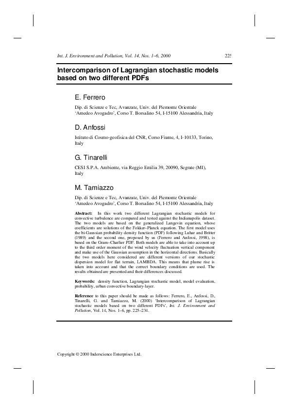 (PDF) Intercomparison of Lagrangian stochastic models based on two different PDFs | Enrico ...