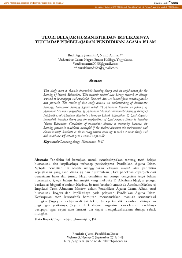 (PDF) TEORI BELAJAR HUMANISTIK DAN IMPLIKASINYA TERHADAP PEMBELAJARAN PENDIDIKAN AGAMA ISLAM