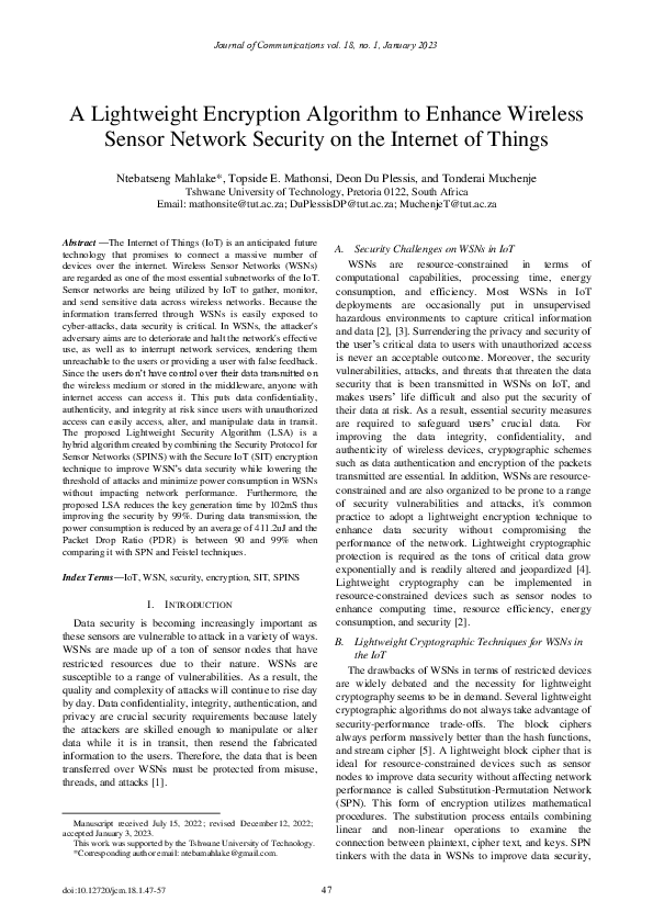 (PDF) A Lightweight Encryption Algorithm to Enhance Wireless Sensor Network Security on the ...