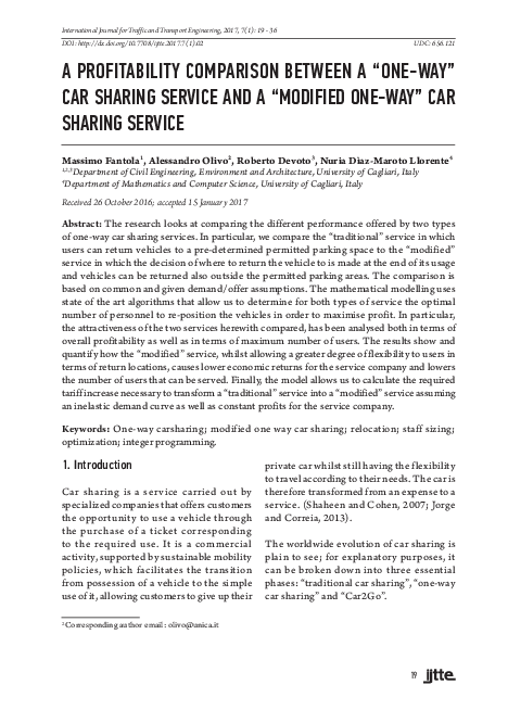 Pdf A Profitability Comparison Between A One Way Car Sharing Service And A Modified One Way