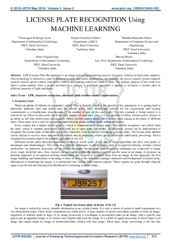 (PDF) LICENSE PLATE RECOGNITION Using MACHINE LEARNING (PDF) LICENSE PLATE RECOGNITION Using MACHINE LEARNING
