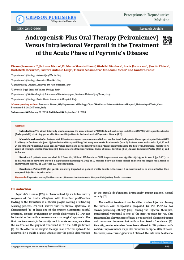 (PDF) Andropenis® Plus Oral Therapy (Peironiemev) Versus Intralesional Verpamil in the Treatment ...