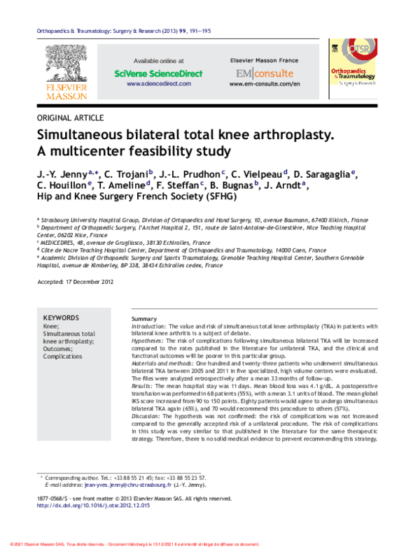 (PDF) Simultaneous bilateral total knee arthroplasty. A multicenter ...